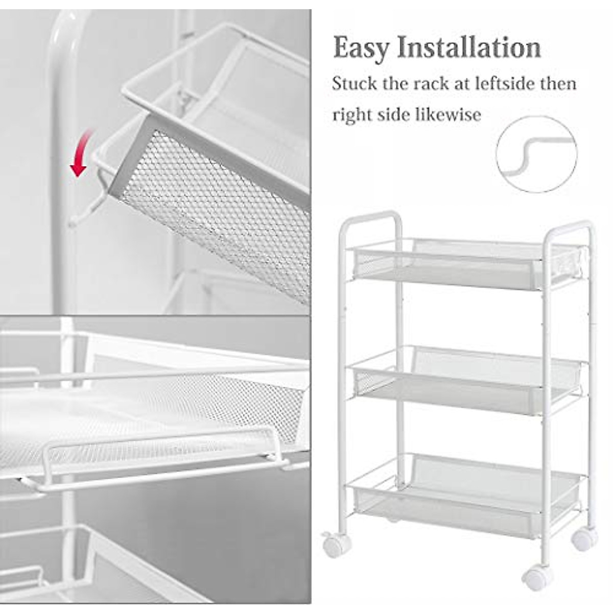 Rolling Storage Cart 3-Tier Metal Mesh Basket Shelves Kitchen Organizer with Wheels(White)