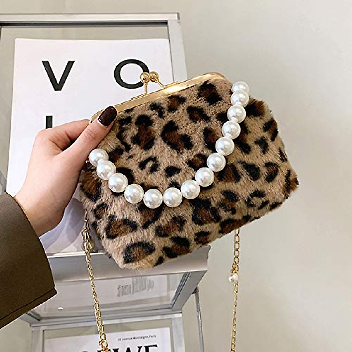 PRACMANU Winter Women Leopard Plush Bag with Detachable Metal & Beaded Chains Girls Clutch Handbag Purse Female Shoulder Crossbody Bag
