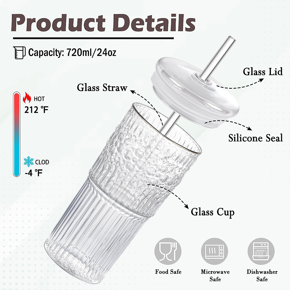 FULGNU Glass Cups with Lids and Straws, 24 OZ Glass Tumbler with Straw and Lid Iced Coffee Cups, High Borosilicate Glasses Clear Glass Cups Set for Cocktail,Smoothie,Water