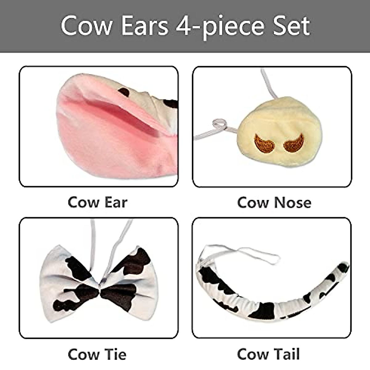 JIALWEN Animal Costume 4 Pieces Set Cow Ears Headband Nose Bowtie and Tail Party Cosplay Halloween Dress Up Accessories