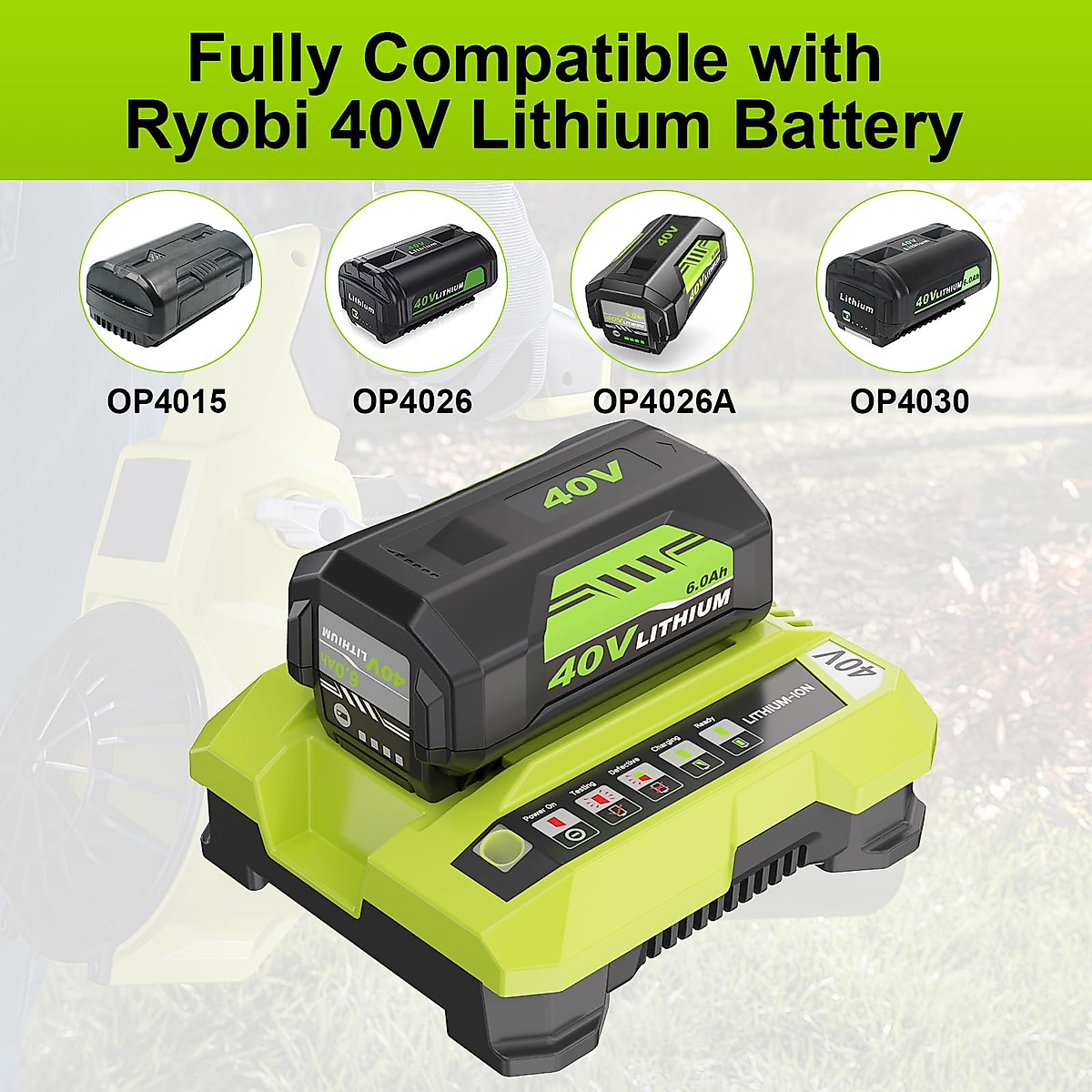 Upgraded 6000mAh Replacement for Ryobi 40V Battery and Charger Combo Compatible with Ryobi Battery 40V OP4026 OP40601 OP4050A OP4040 OP4030 OP4050 Replacement for Ryobi 40 Volt Charger OP401 2-Pack