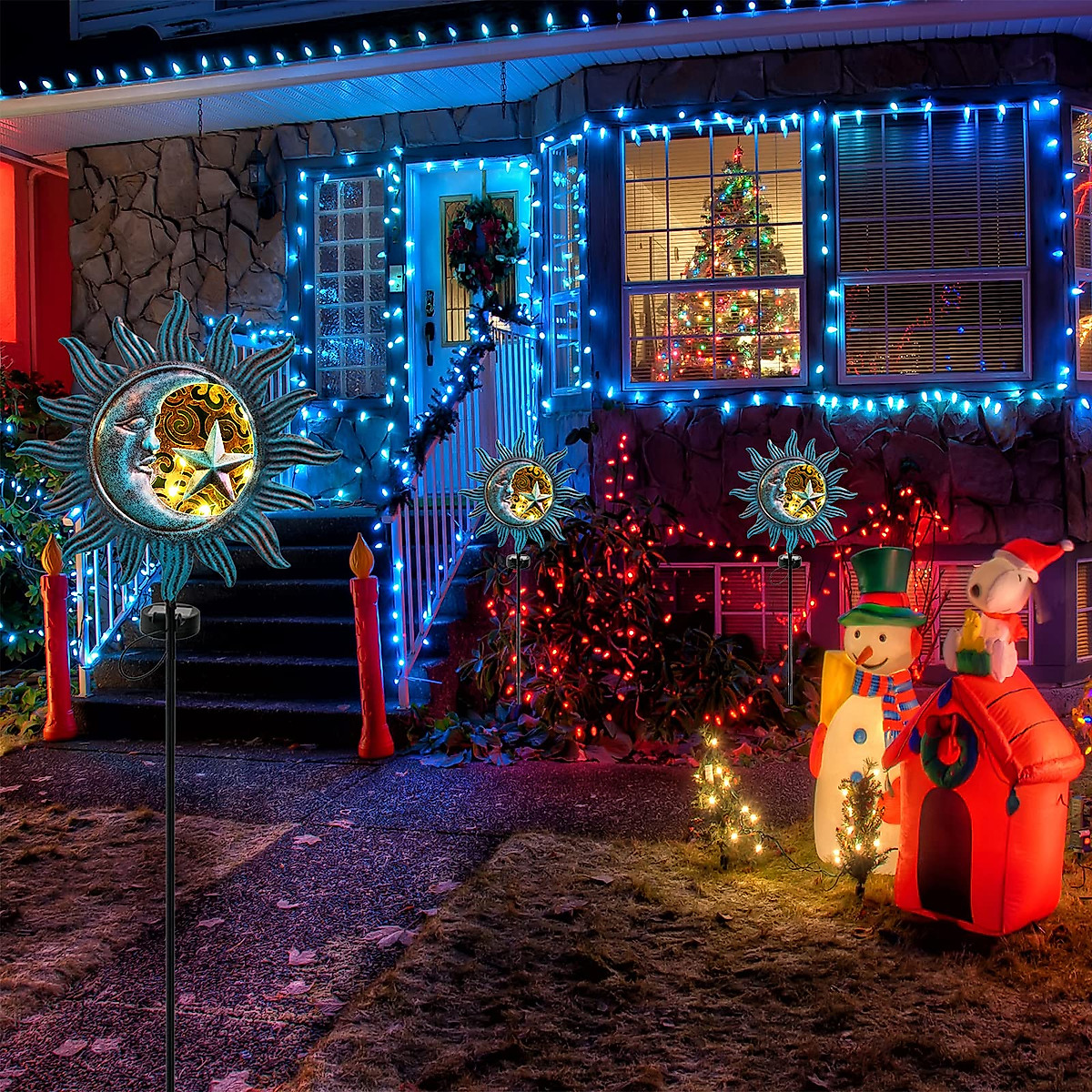 DREAMSOUL Solar Pathway Lights Outdoor Garden Decorative Metal Retro Sun Face Solar Lights with Stakes Garden LED Lights Waterproof Solar Lights Yard Art Decor for Pathway, Lawn, Patio, Party, Home