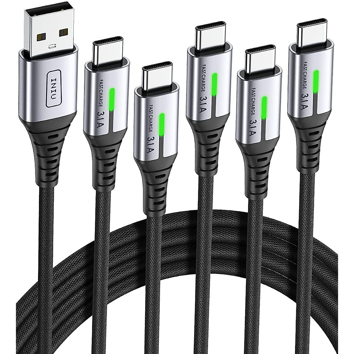 USB C Cable, INIU [5 Pack 3.1A] QC Fast Charging USB Type C Cable, Nylon(3.3+3.3+6.6+6.6+10ft) Phone Charger USB-C Cables for Samsung Galaxy S21 S20 S10 Plus Note 10 LG Google Pixel OnePlus Huawei etc