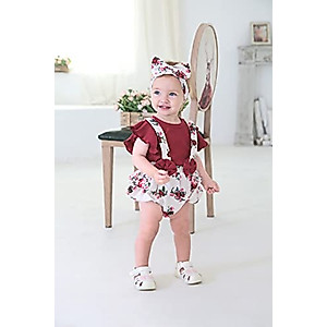 Newborn Baby Girl Clothes Summer Infant Romper Outfit Short Sleeve Suspender Dress Clothing with Headband Wine Red 3-6 Months