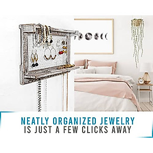 Comfify Rustic Jewelry Organizer – Wall Mounted Jewelry Holder w/Removable Bracelet Rod, Shelf & 16 Hooks – Perfect Earrings, Necklaces & Bracelets Holder – Rustic White