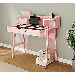 Roma Writing Desk - Elegant Wood Study Desk With Storage, Cable Holes & Drawers - Work Table for Home, Office, Dorm, Small Spaces - Compact Black Desk, 40x19x36.9” (pink)