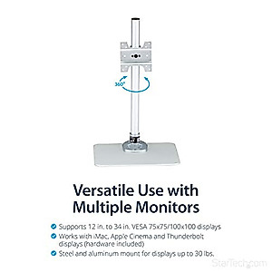 StarTech.com Single Monitor Stand - Adjustable - Supports Monitors 12'' to 34" (30.9lb/14kg) - Premium - Single Screen VESA Monitor Mount Stand - Silver , TAA (ARMPIVSTND)