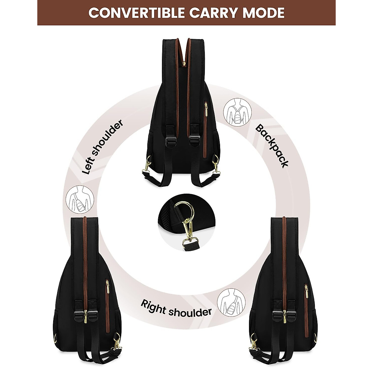 LOVEVOOK Sling Bag for Women, Sling Backpack Crossbody Bag Convertible, Small Diaper Bag Hiking Daypacks Water-resistant, Travel Shoulder Bag Chest Bag, Black Brown Beige