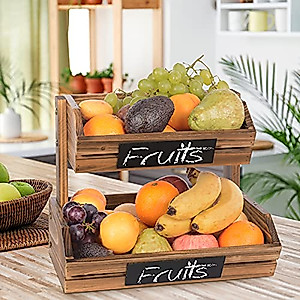 Rustic Fruit Basket, 2 Tier Standing Fruit Basket, Wooden Food Organizer & Retro Vegetable Stand Bread Racks, Farmhouse Food Basket for Kitchen, Office, Dining Room and Guest Room (Need Assemble)