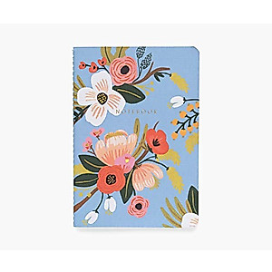 RIFLE PAPER CO. Lively Floral Stitched Notebook Set, Set Of 3 Notebooks, 64 Ruled Pages With Gold Ink, Canvas Paper Cover With White Text Paper Interior