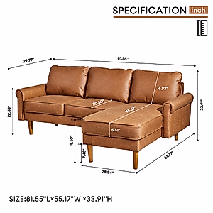 Weaxty 81.55" Sofa Couch, L Shaped Faux Leather Sectional with Chaise Suede Fabric Couch Sofas with Comfortable Cushions for Small Space Living Room Apartment, Right Chaise Brown