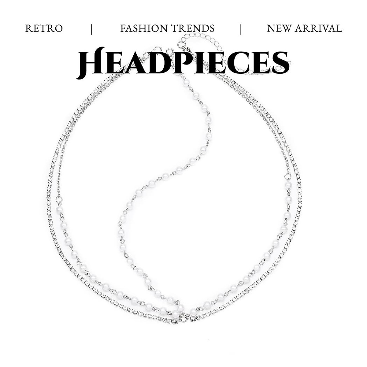 Fdesigner Boho Pearl Head Chain Vintage Crystal Headpieces Wedding Rhinestone Hair Jewelry Party Festival Hair Accessories for Women and Girls (Silver)