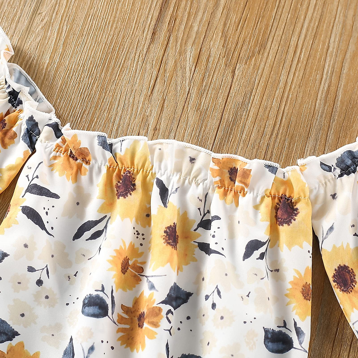 Omkzanbi Toddler Girl Bell Bottoms Outfit Sunflower Off Shoulder Bodysuit Romper Denim Flared Pants Summer Jean Outfit (White Blue, 12-18 Months)