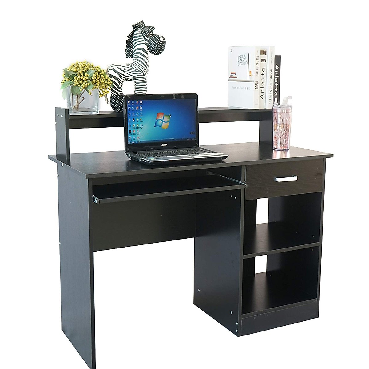XYZTech 43.3 Inch Home & Office Computer Desk with Drawer Wooden Writing Study Computer Table with Slide-Out Keyboard Tray Shelf Workstation with Open Shelves, 15mm MDF Board (Black)