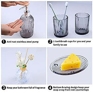 TocTen 5 Pieces Bathroom Accessories Set, Include Lotion Soap Dispenser+ 2 Toothbrush Cup+ Soap Dish+ Essential Oils Diffuser Bottles, Premium Glass Bathroom Vanity Countertop Accessory Set(GREY 16oz)