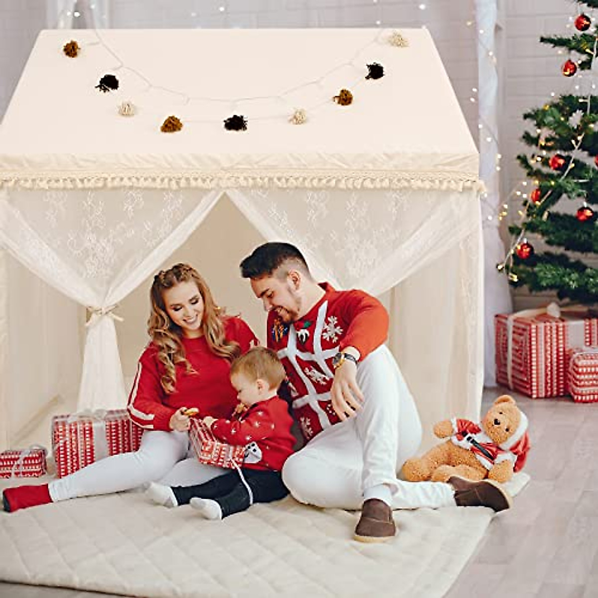 Kids Play Tent Indoor Outdoor, Large Play House Tents for Toddlers 3-12 Years Old, Girls Boys Play Tents with Non-Slip Mat, Tassel Garland and Star Lights, Neutral Color 52" x 35" x 52"