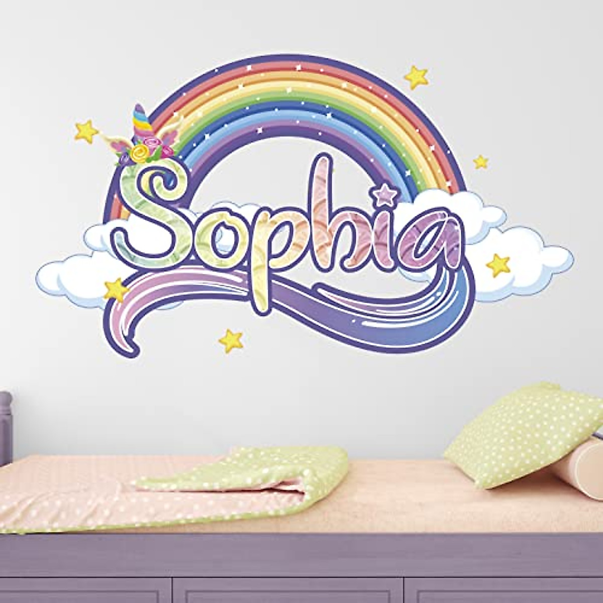 Kyle Cornhole Rainbow Wall Decals - Personalized Unicorn for Girls Bedroom Name Decal Room Decor Sticker Nursery Art, Green,rainbow