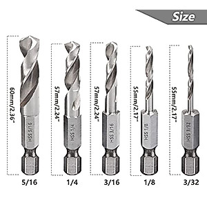 Saipe 5pcs 1/4" Quick Change Hex Shank Metal Stubby Drill Bits Short Drill Bit Set HSS M2 for Right-Angle Drill Attachment and Used in Tight Spaces, 3/32, 1/8, 3/16, 1/4, 5/16-Inch
