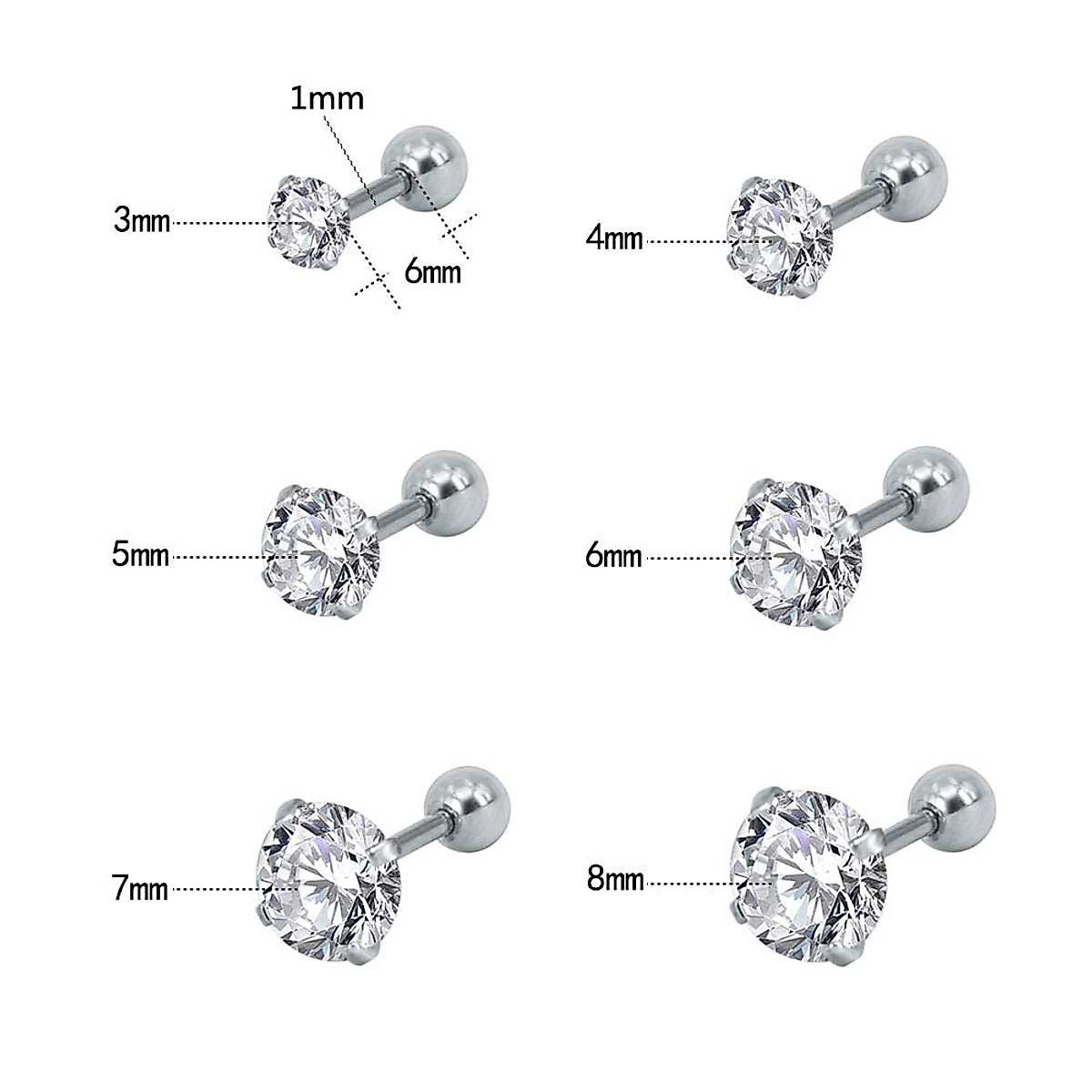 6 Pairs Shiny Round Cubic Zirconia Surgical Steel Stud Earrings Tragus Helix Conch Piercing Cartilage Sets