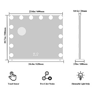 BEAUTME Large Vanity Mirror with Lights,Hollywood Lighted Makeup Cosmetic Mirror with Smart Button,Tabletop or Wall Mounted Makeup Mirrors White
