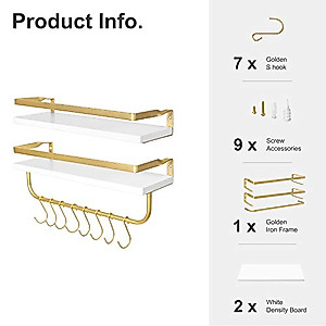 Dahey Wall Mounted Floating Shelves Storage Shelf Modern Wood and Metal Spice Rack with Towel Bar and 8 Removable Hooks for Organize Utensils Mugs Carbonized or Plant Holder Kitchen Bathroom, 2 Pack