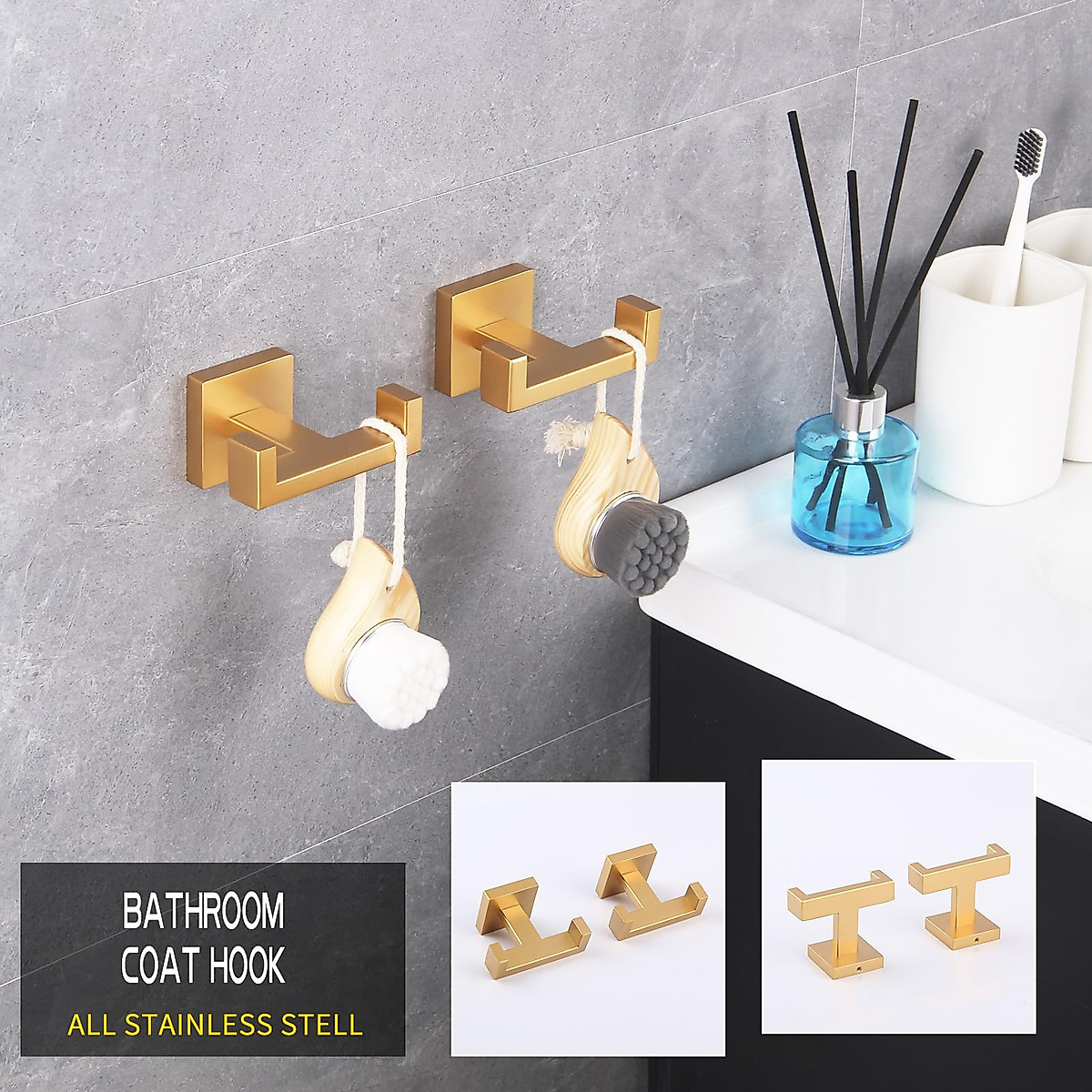 GERZWY Bathroom Double Towel Hook Gold Stainless Steel Wall Mounted Coat/Robe Clothes Hook for Bath Kitchen 2 Pack