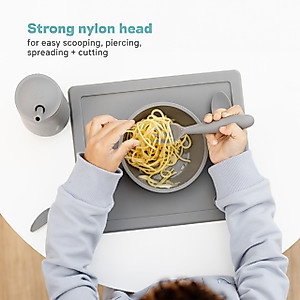 ezpz Happy Utensils - 24 Months+ (Coral) - BPA Free Toddler Utensils - Fork, Spoon and Knife for Toddlers and Preschoolers - Kids Utensils for Self-Feeding Development