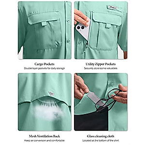 Pudolla Men's Fishing Shirts Short Sleeve Travel Work Shirts Summer Button Down Shirts for Men UPF50+ with Zipper Pockets(Arona, Large)