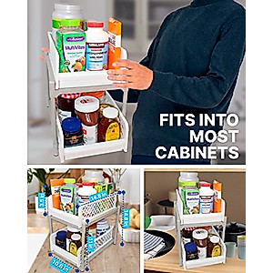 Skywin Plastic Sliding Organizers - 2 Tier Sliding Storage Bins - Pull out cabinet drawers for organizing pantry cabinets (White - 2 Pack)