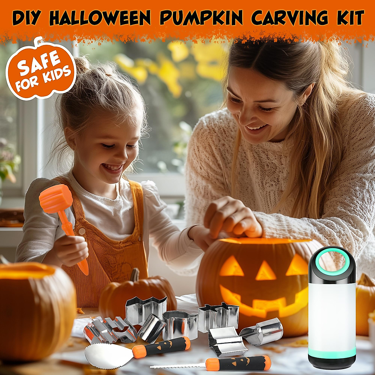 HAUSHOF 24PCS Halloween Pumpkin Carving Kit, Safe and Easy Pumpkin Carving Tools, Stainless Steel Pumpkin Carving Stencils for Halloween Jack-O-Lanterns, With Hammer & Camping Lantern