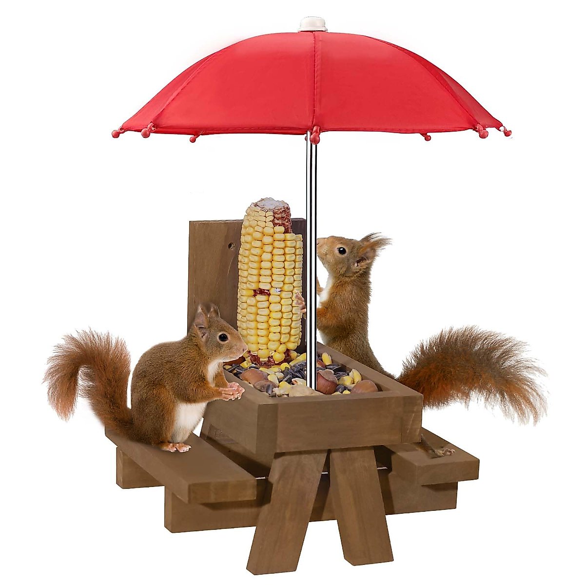 MIXXIDEA Wooden Squirrel Picnic Table Feeder, Durable Squirrel Feeders for Outside with Solid Structure Chipmunk Feeder with Corn Cob Holder and 2 X Thick Benches - Brown