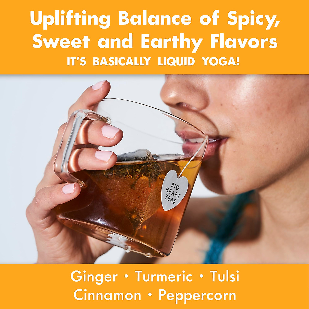 Big Heart Tea Co. Ginger Turmeric Tea, Certified Organic Tea Bags (10 Count) Herbal Caffeine Free Blend with Adaptogenic Tulsi, Peppercorn, Cinnamon - Cup of Sunshine