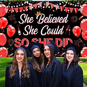 2024 Red Black Graduation Decoration Banner Red Black She Believed She Could So She Did Graduation Banner 2024 Class of Graduation Banner for Women Girls High School College Graduation 72.8x43.3 inch