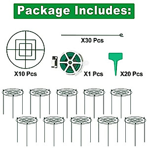 CKE 10 Pack 4mm 18 Inches Peony Cages Plant Support Plant Stakes Grow Through Grid Plant Supports Grow Through Hoops, Metal Peony Support Ring Plant Brace Flower Support Ring for Heavy Blossom 12"x18"