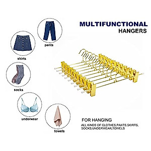Amber Home Extra Length 14" Shiny Gold Metal Pants Hangers 10 Pack, Adjustable Big Clip Metal Skirt Hangers, Gold Clip Hangers for Jeans Trouser (10 Pack)