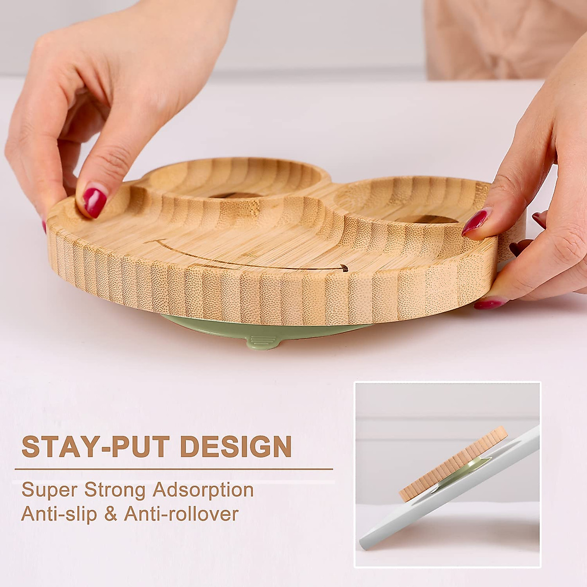 3PCS Bamboo Baby Plate with Silicone Spoon & Fork, Baby Suction Food Plate, All-Natural Baby Plate for Babies & Toddlers, Baby Led Weaning Supplies Non Slip & BPA Free (Green-Frog