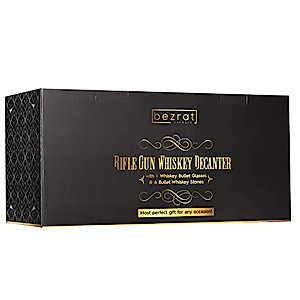 Whiskey Gun Decanter Set + 4 Whisky Bullet Glasses on Gun Shaped Rich Wood Classic Mahogany Base Tray with Bullet Chilling Stones Gift Packaging - for Liquor Scotch Bourbon - Christmas Holiday Gift