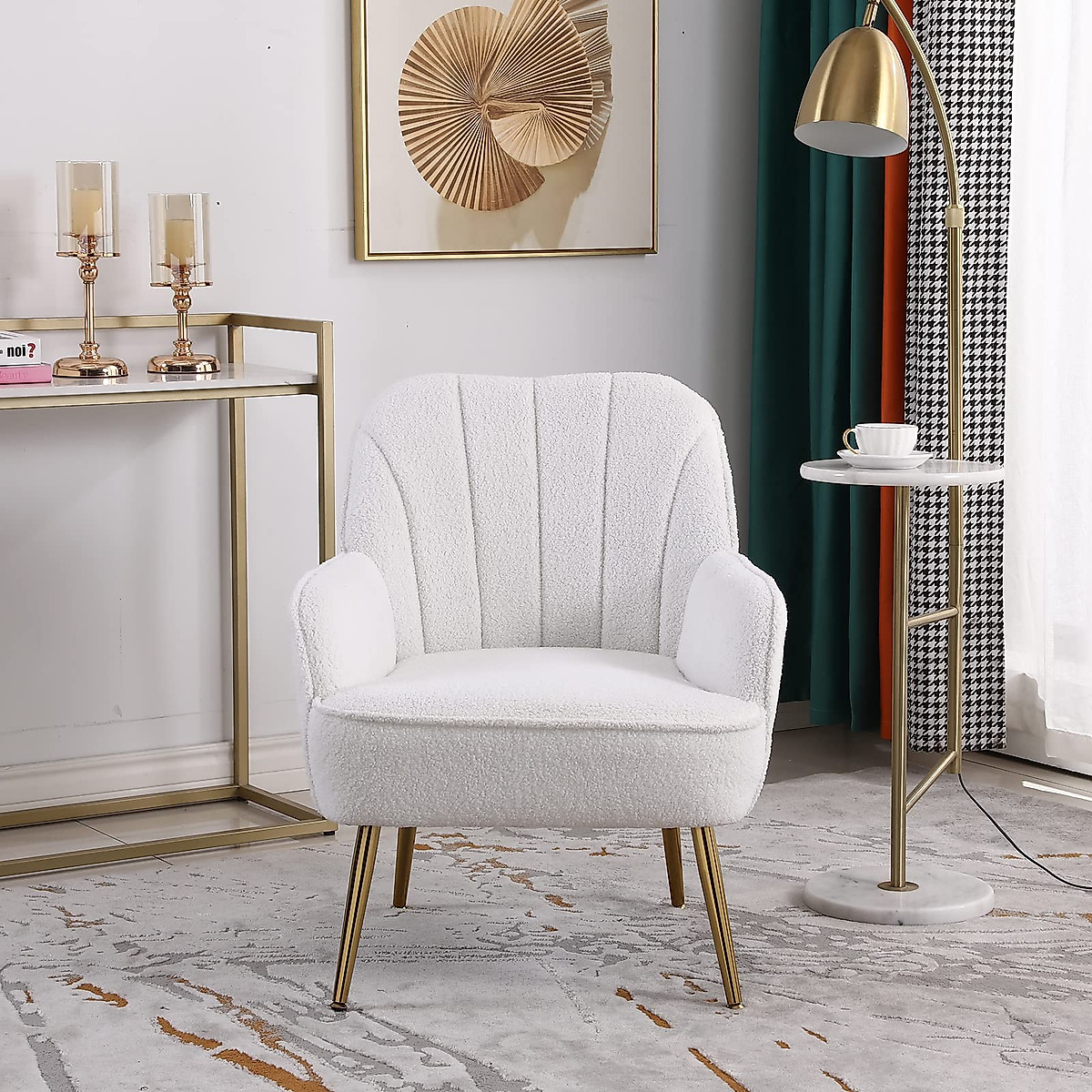 Goujxcy Teddy Barrel Chair Accent Armchair with Golden Legs for Living Room Bedroom Home Office, Tufted Back Club Chair (White3)