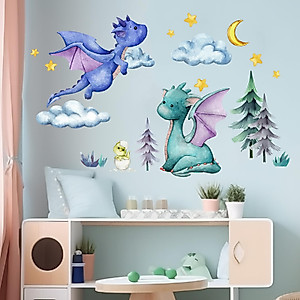 Amimagen Baby Dragon Wall Stickers - Star Moon Dragon Eggs Wall Decals - Baby Bedroom Boys Nursery Kids Room Daycare Wall Decor