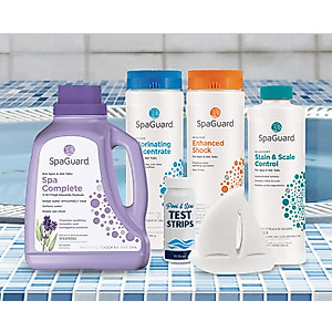 Deluxe Hot Tub Chemical Kit - Contains (SpaGuard Spa Complete, Chlorinating Concentrate, Enhanced Shock, Stain & Scale Control, Test Strips, LeisureQuip ScumBoat, LeisureQuip Spa Care Log Book)