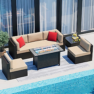 Vongrasig 7 Piece Patio Furniture Sets with 45 Inch Fire Pit Table All Weather PE Wicker Rattan Outdoor Sectional Sofa Couch Conversation Set w/Glass Table for Lawn, Garden, Backyard (Beige)