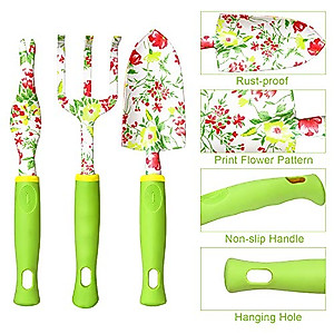 Garden Tool Set, 6 PCS Heavy Duty Aluminum Gardening Hand Tools Kit, Floral Print Gardening Tool Set, Gardening Gifts for Women with Pruning Shears Weeder Hand Rake Shovel Transplanter Cultivator