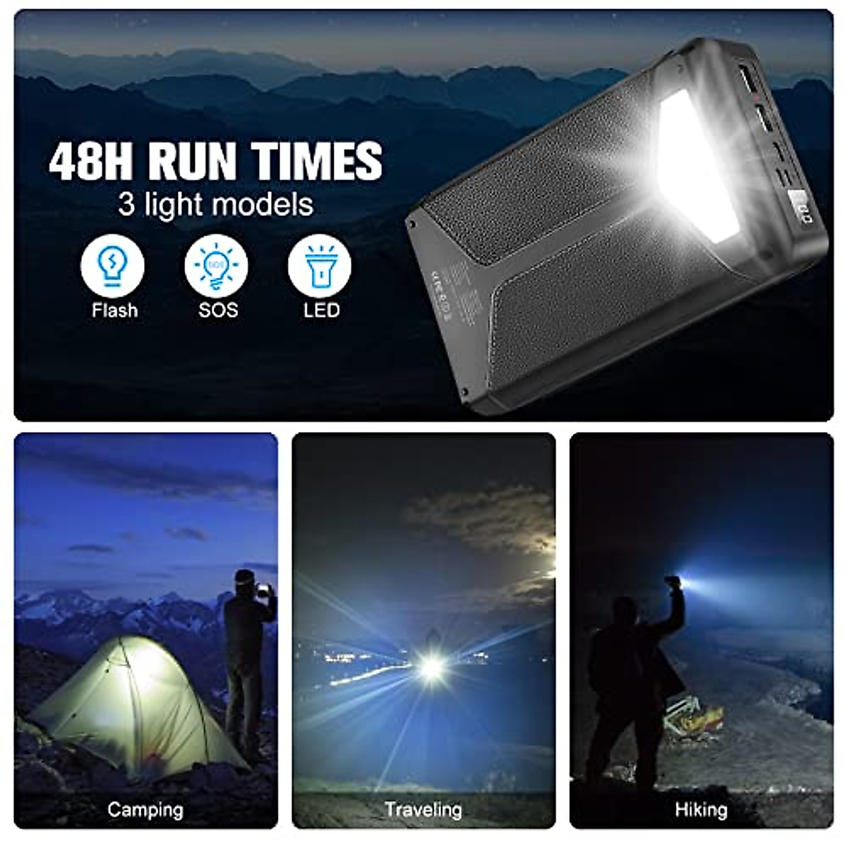 X-DNENG Solar Power Bank, 36000mah Portable Quick Solar Charger with Dual 3A Outputs & Flashlight 3 Solar Panel for Camping, Hiking, Fishing & More Outdoor Activities (Black)