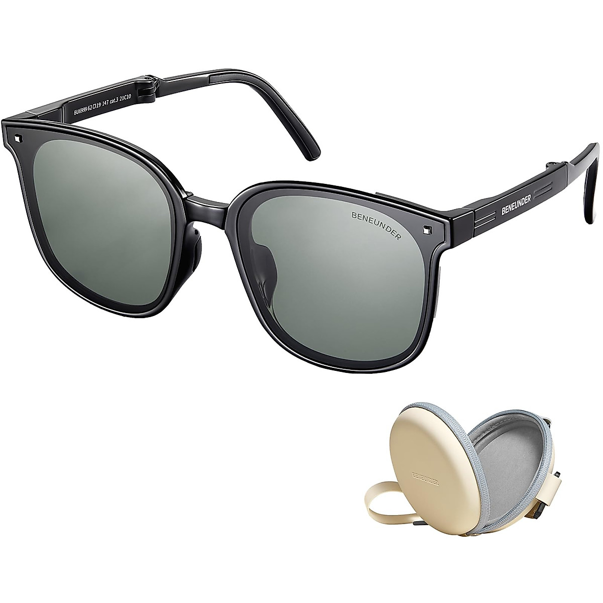 BENEUNDER Polarized Sunglasses Women, Folding Lightweight Mens Sunglasses with UV400 Protection, Oversized Black Sunglasses