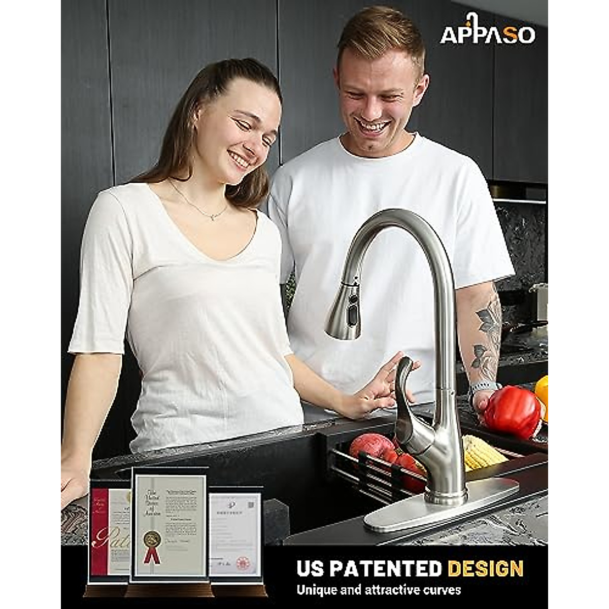 APPASO Pull Down Kitchen Faucet with Sprayer Stainless Steel Brushed Nickel - Single Handle Commercial High Arc Pull Out Spray Head Kitchen Sink Faucets with Deck Plate, Grifos De Cocina