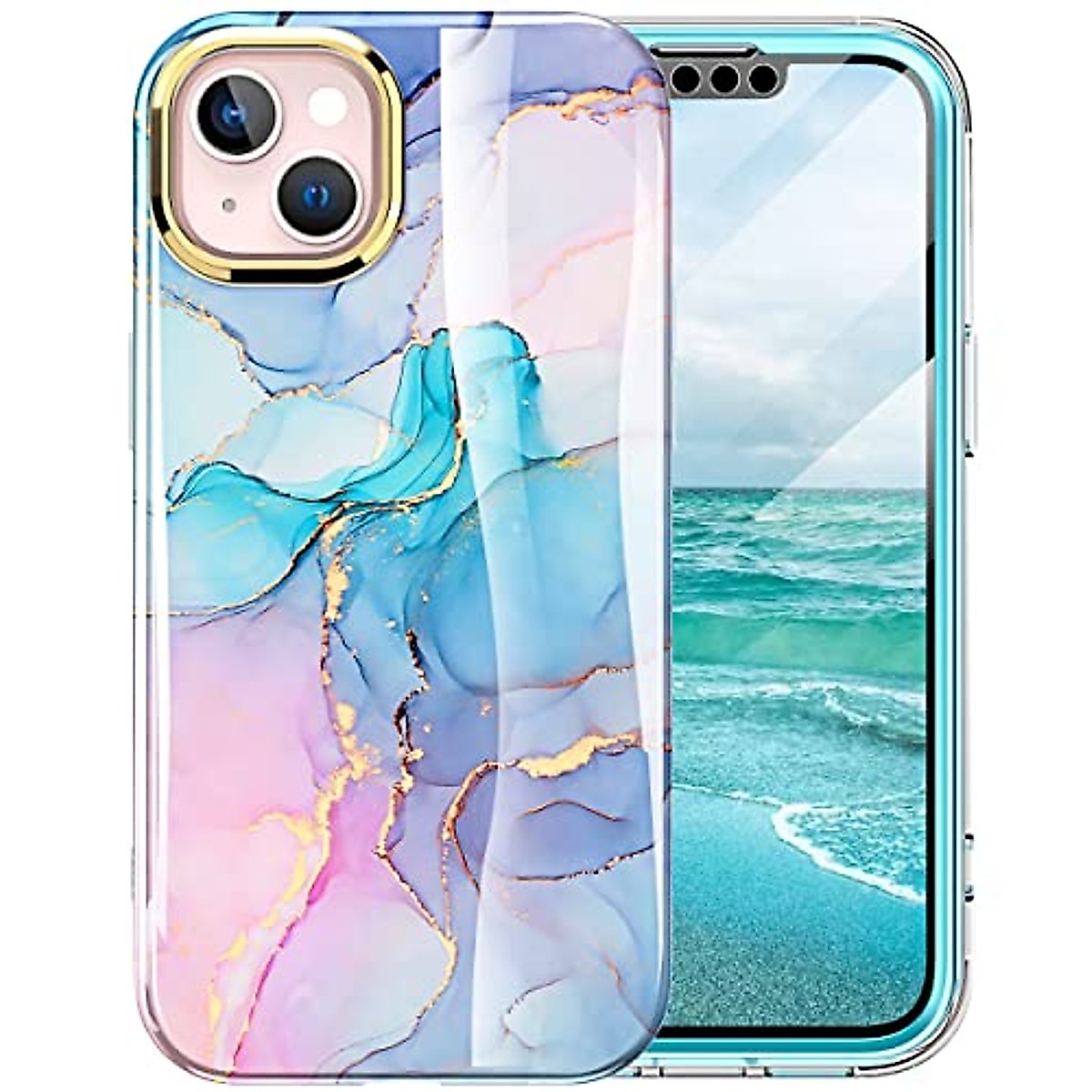 Turquiase Compatible for iPhone 14 Plus Case 6.7 inch (2022 Release), Slim Full-Body Stylish Shockproof Protective Rugged TPU Case with Built-in Screen Protector（Marble）