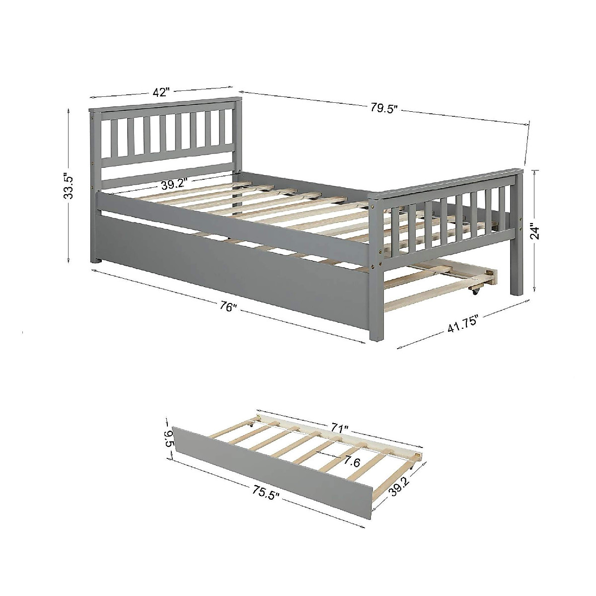 Twin Platform Bed with Trundle, Solid Wood Bed Frame with Headboard, Footboard for Teens Boys Girls,No Box Spring Needed (Grey)