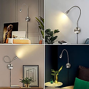 CRISETEK Touch Switch Dimmable Reading Light Reading Light Wall Mounted Reading Light headboard Reading Light Task Directional LED Gooseneck Light 120V Plug in Powered 3W (Brushed Nickel, Warm White)