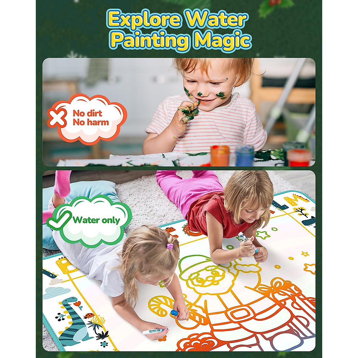 TECJOE Water Doodle Mat, 39 × 31 Inches Large Kids Painting Writing Water Drawing Mat, Mess Free Reusable Toddler Gift for Age 3 4 5 6 7 Years Old Girls Boys, Educational Toys Bring Magic Pens