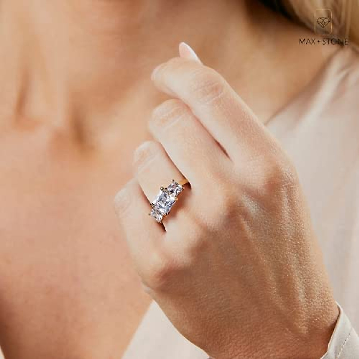 MAX + STONE 4 1/2 Carat Princess Cut Cubic Zirconia Three Stone Ring for Women in 10k Yellow Gold (4.5 ct.tw) Anniversary or Engagement Ring in CZ Size 5